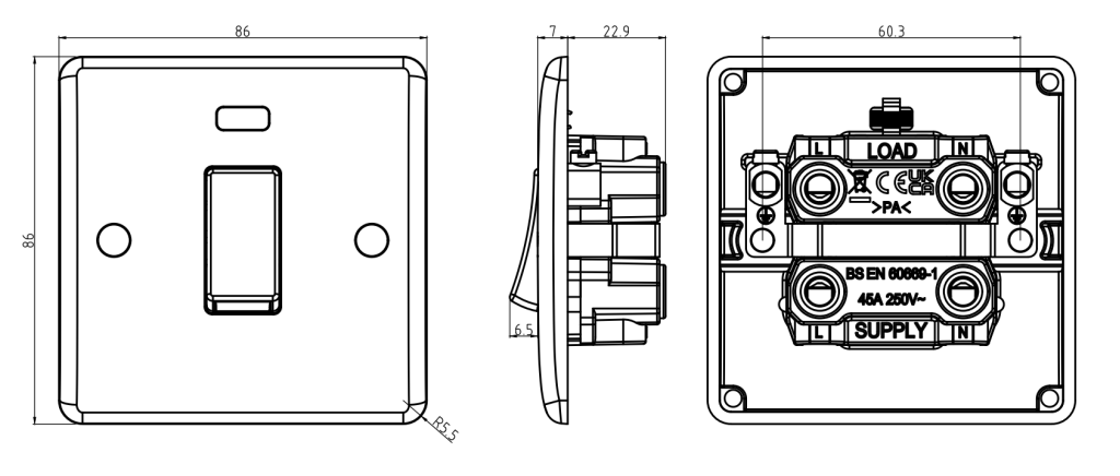 Knightsbridge Curved Edge 45A Double Pole Switch with White Rocker and ...