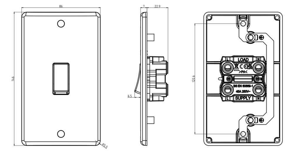 Knightsbridge Curved Edge 45A Double Pole Switch with White Rocker ...