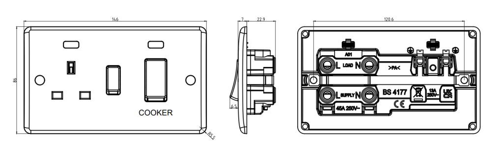 Knightsbridge Curved Edge 45A Double Pole Switch and 13A Switched ...
