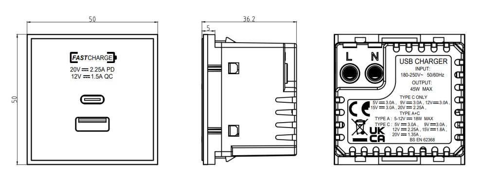 Knightsbridge White USB A+C Charger Module (18W QC/45W USB-PD ...