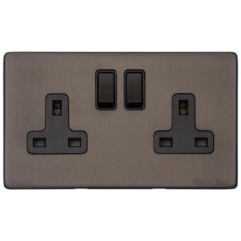 Heritage Brass Vintage Matt Bronze 13A Double Socket with Black Plastic ...