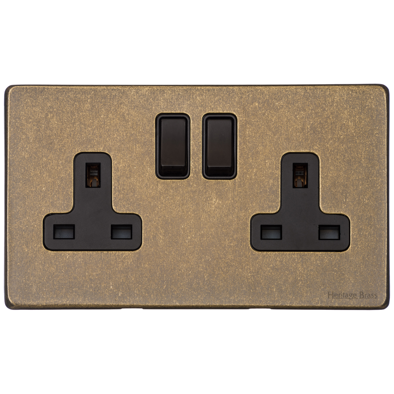 Heritage Brass Vintage Rustic Brass 13A Double Socket with Black ...