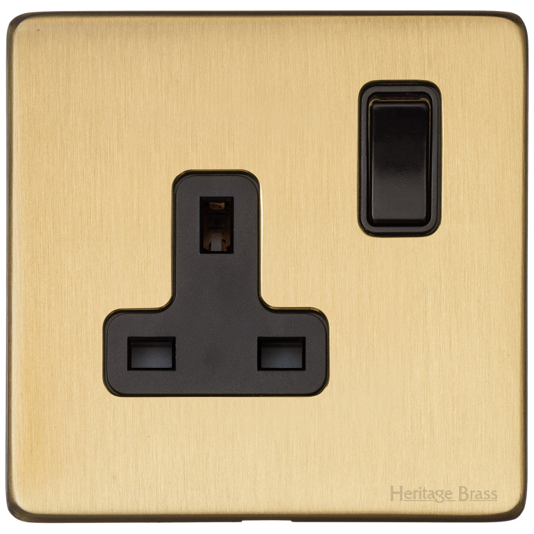 Heritage Brass Vintage Satin Brass 13A Single Socket with Black Plastic ...
