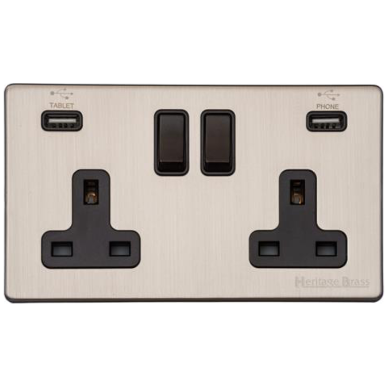Heritage Brass Vintage Satin Nickel 13A Double Socket and Dual USB ...