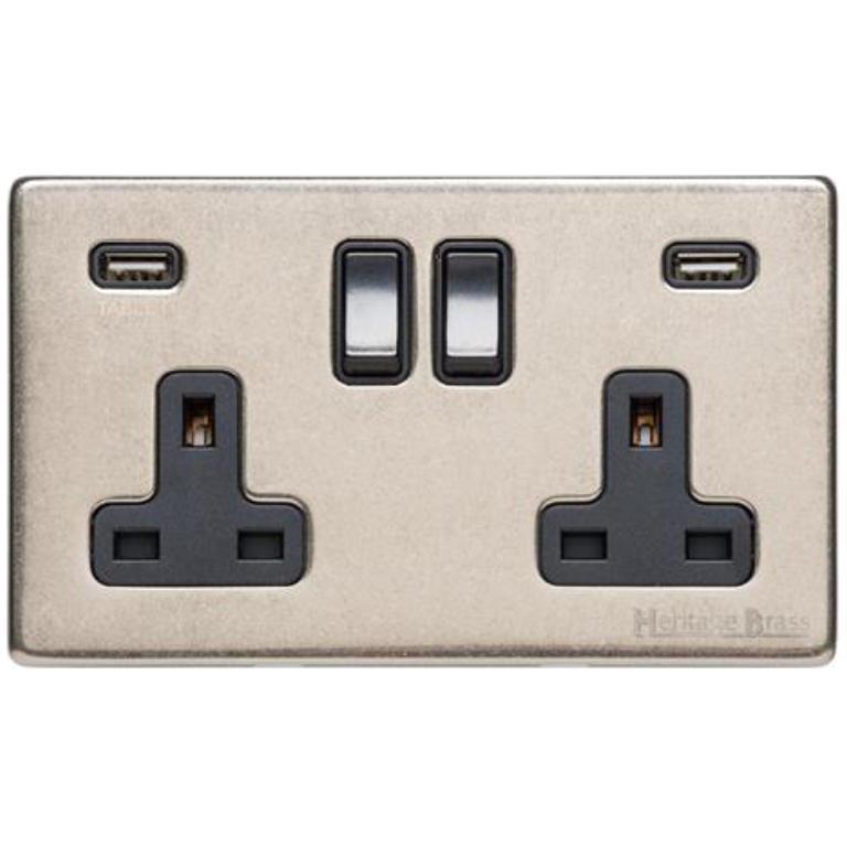 Heritage Brass Vintage Rustic Nickel 13A Double Socket and Dual USB ...