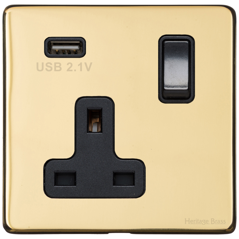 Heritage Brass Vintage Polished Brass 13A Single Socket and USB Outlet ...