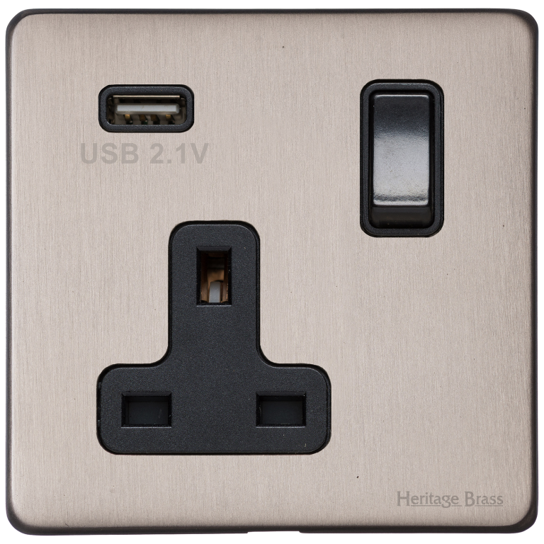 Heritage Brass Vintage Aged Pewter 13A Single Socket and USB Outlet ...