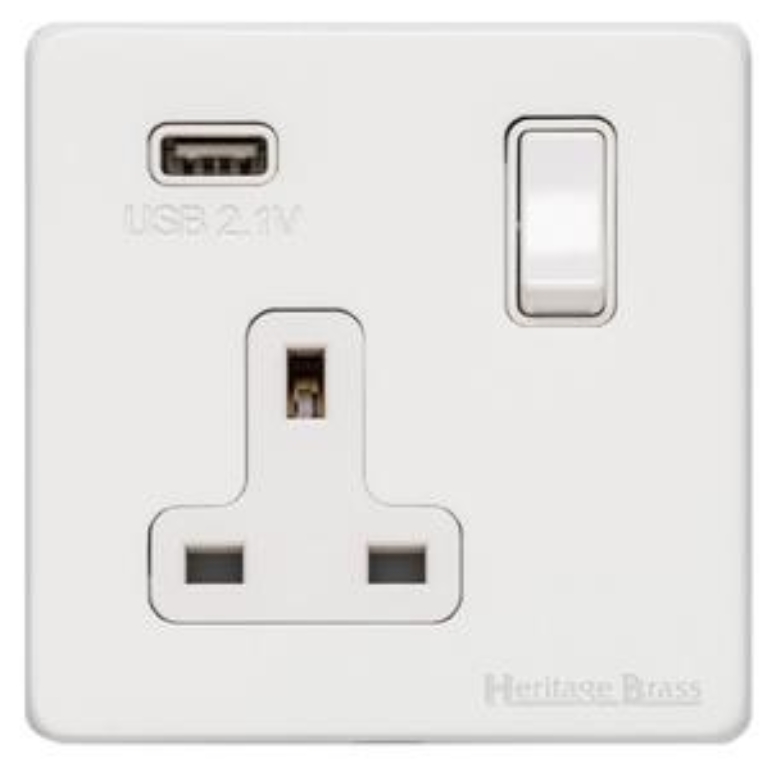 Heritage Brass Vintage Gloss White 13A Single Socket and USB Outlet ...