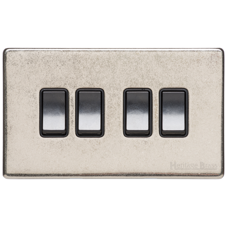 Heritage Brass Vintage Rustic Nickel 4 Gang 10A Switch with Black ...