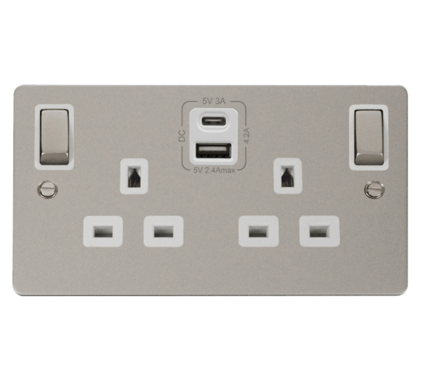 Click Define Pearl Nickel 2 Gang 13A Switched Safety Shutter Socket ...