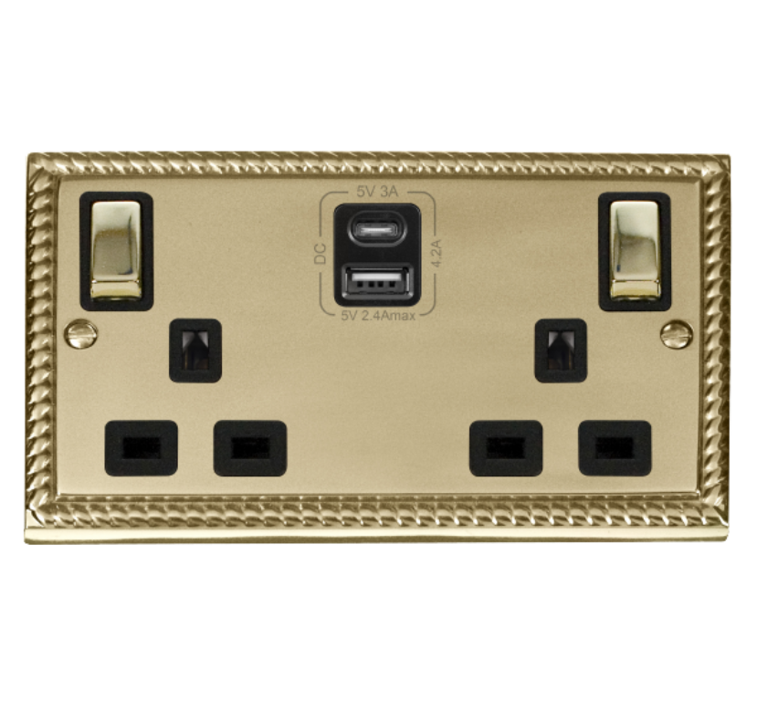 Click Deco Georgian Cast Brass 2 Gang 13A Ingot Switched Safety Shutter ...