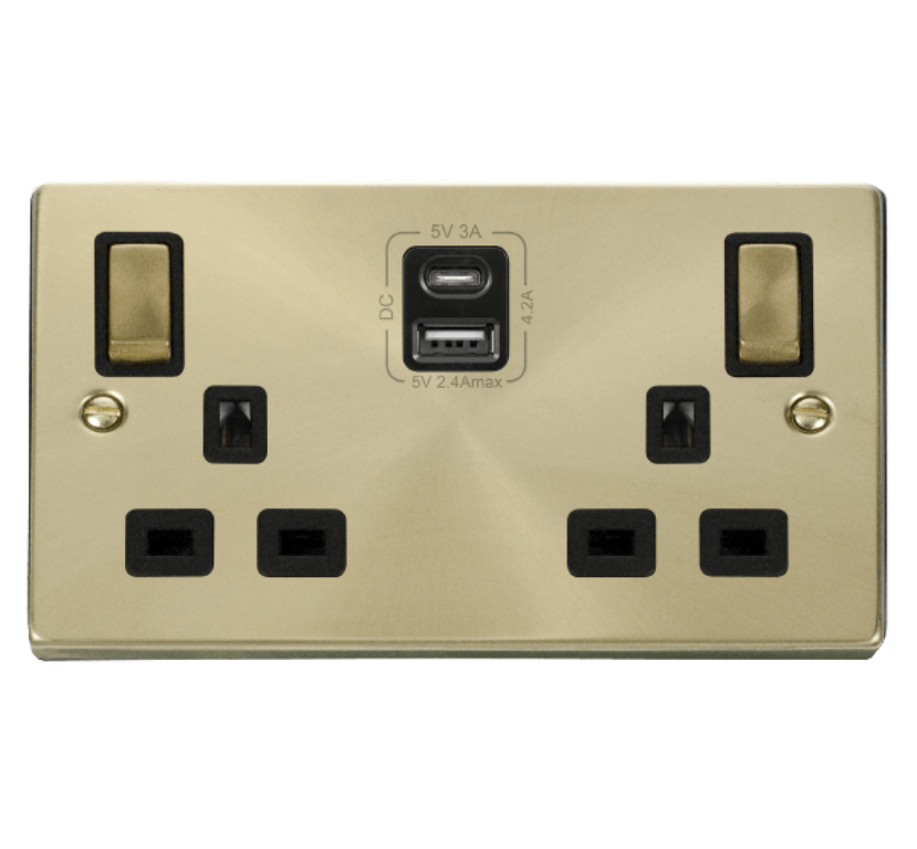 Click Deco Victorian Satin Brass 2 Gang 13A Ingot Switched Safety ...