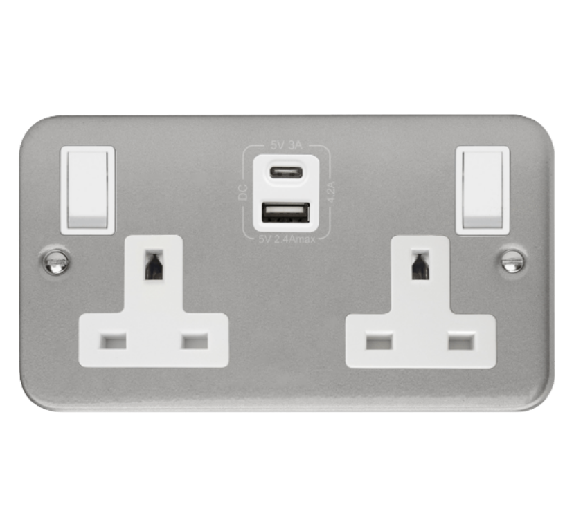 Click Metal Clad 2 Gang 13A Switched Safety Shutter Socket with 4.2A Type A and C USB Outlets ...