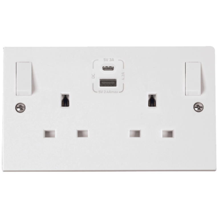 Click Polar White 2 Gang 13A Switched Safety Shutter Socket with Type A ...