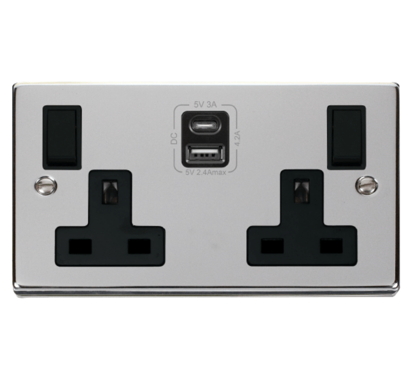 Click Deco Victorian Polished Chrome 2 Gang 13A Switched Safety Shutter ...