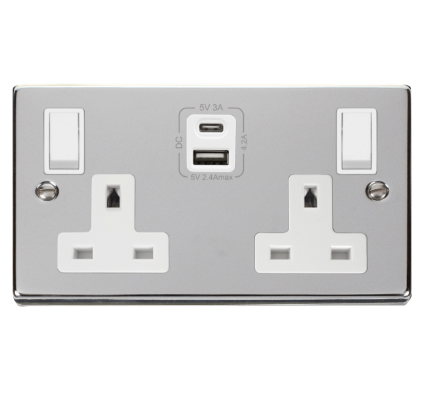 Click Deco Victorian Polished Chrome 2 Gang 13A Switched Safety Shutter ...