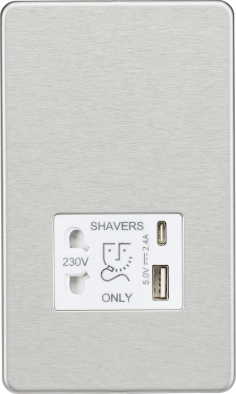 Knightsbridge Screwless Brushed Chrome 230V Shaver Socket with Dual USB ...