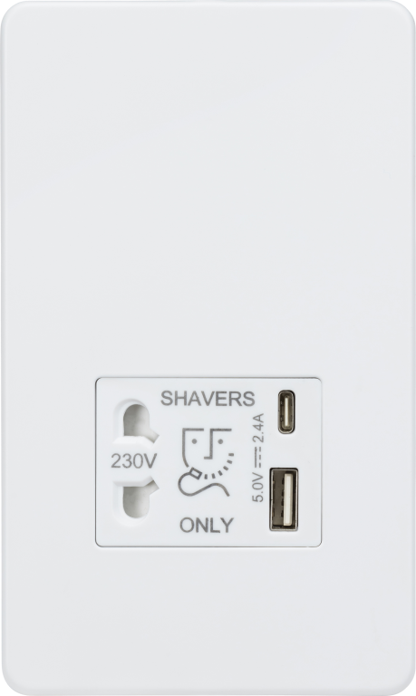 Knightsbridge Screwless Matt White 230V Shaver Socket with Dual USB ...