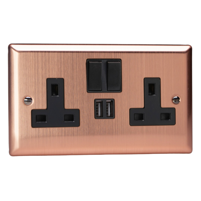 Varilight Urban Brushed Copper 2 Gang 13A Switched Socket with Dual USB ...