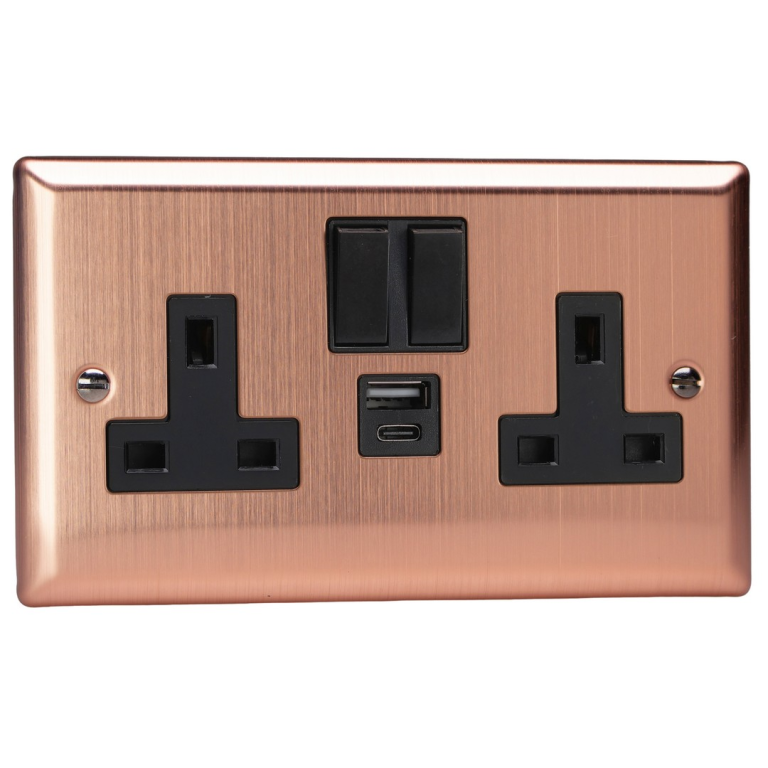 Varilight Urban Brushed Copper 2 Gang 13A Switched Socket with 1x USB-A ...