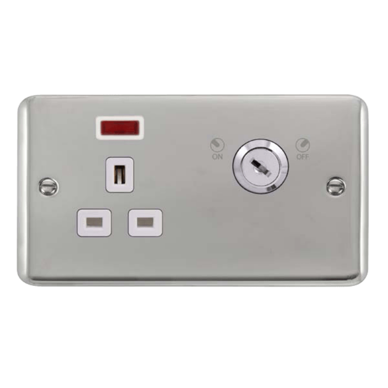 Click Deco Plus Polished Chrome 1 Gang 13A Double Pole Key Lockable Ingot Switched Socket with ...