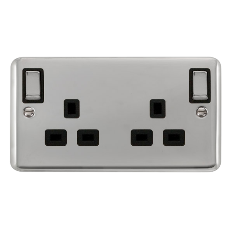 Click Deco Plus Polished Chrome 2 Gang 13A Double Pole Ingot Switched Socket with Outboard ...