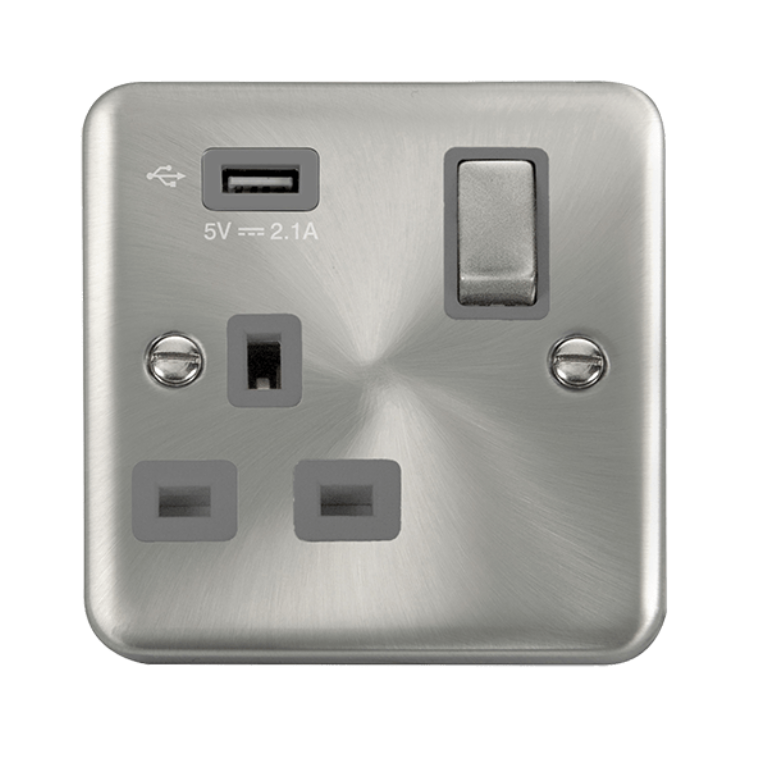 Click Deco Plus Satin Chrome 1 Gang 13A Ingot Switched Socket and 2.1A USB Outlet with Satin ...