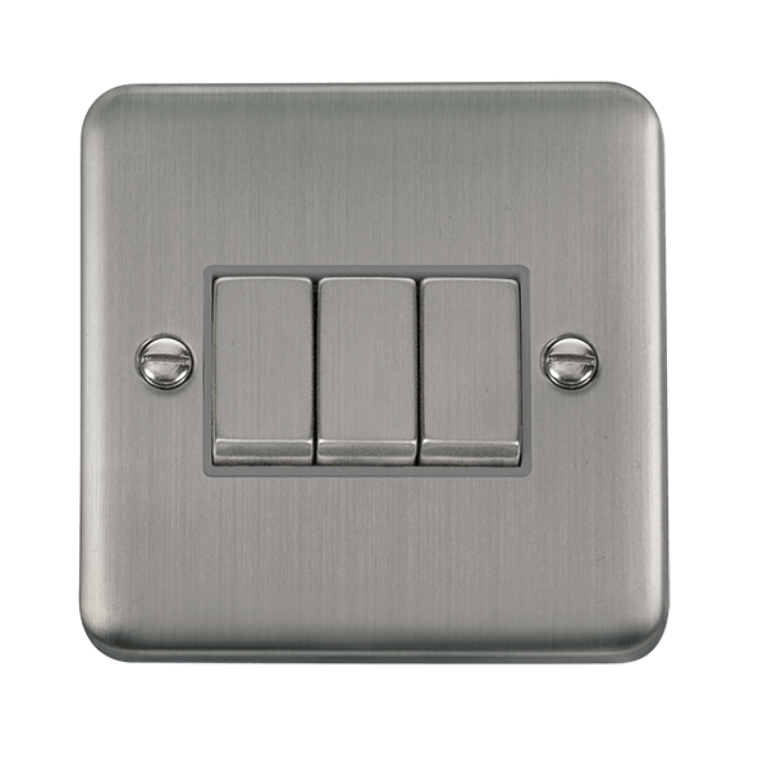 Click Deco Plus Stainless Steel 3 Gang 2 Way 10AX Ingot Switch with Stainless Steel Rockers and ...