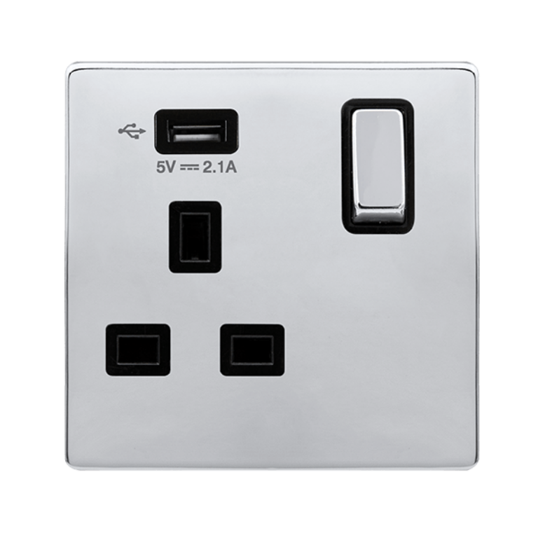 Click Definity Complete Polished Chrome 1 Gang 13A Ingot Switched Socket and 2.1A USB Outlet ...