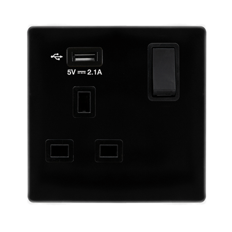 Click Definity Complete Metal Black 1 Gang 13A Switched Socket and 2.1A ...