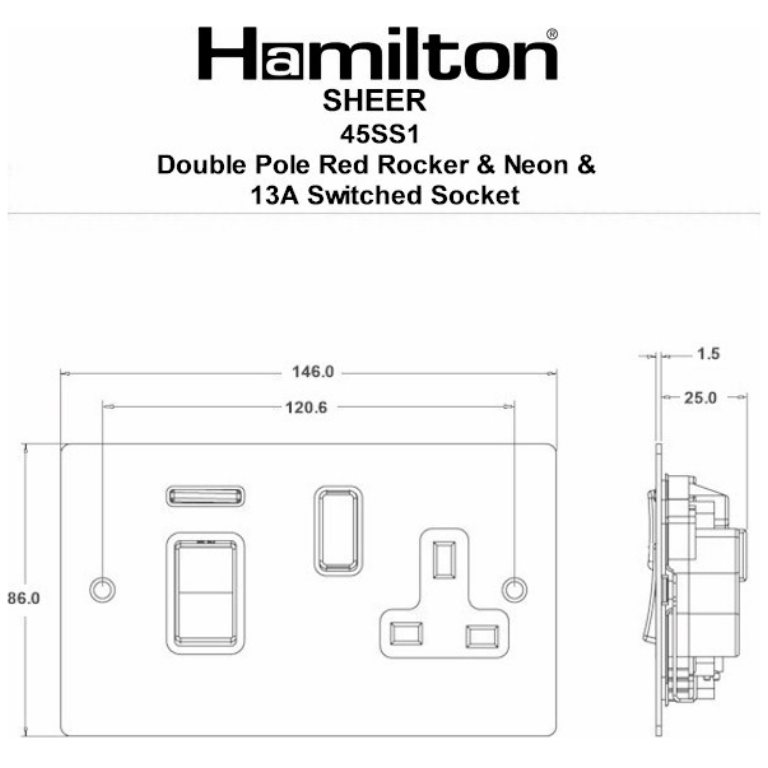 Hamilton Sheer Satin Steel 45A Double Pole Switch with Red Rocker and ...
