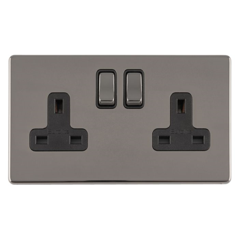 Eurolite Concealed 3mm Black Nickel 2 Gang 13A Double Pole Switched Socket | UKES