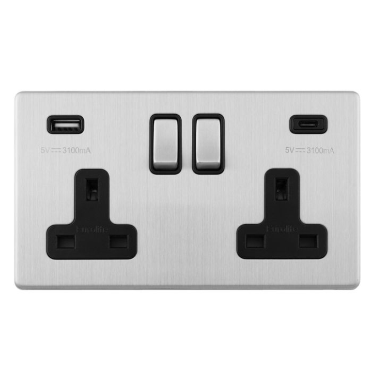 Eurolite Concealed 3mm Stainless Steel 2 Gang 13A Switched Socket with ...