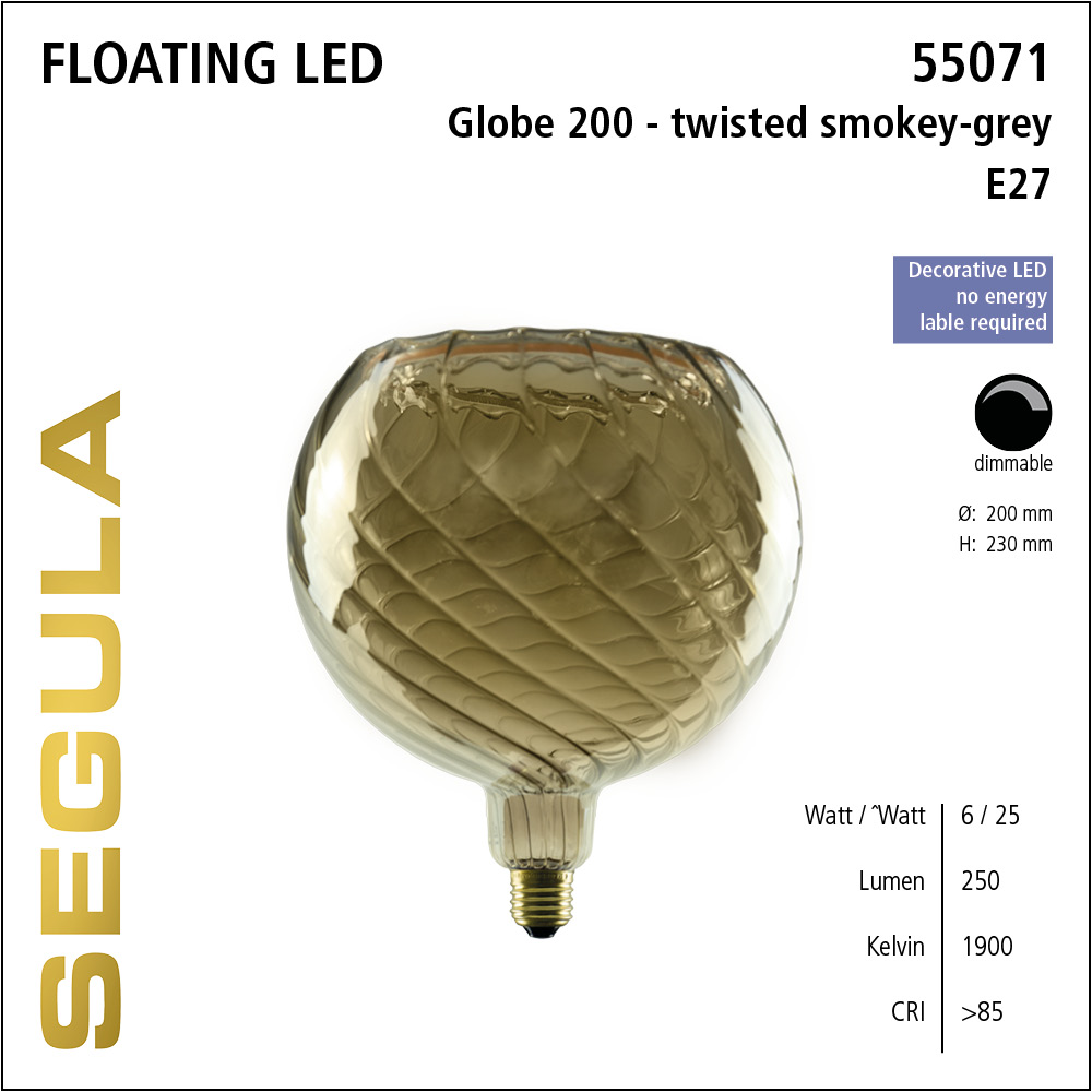 Segula Floating Line 6W 1900K Dimmable E27 Twisted Smokey Grey Globe 200 LED Bulb | UKES