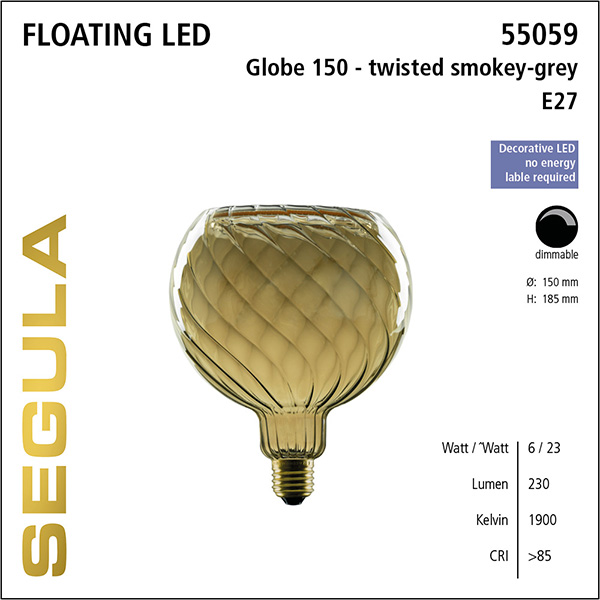 Segula Floating Line 6W 1900K Dimmable E27 Twisted Smokey Grey Globe 150 LED Bulb | UKES