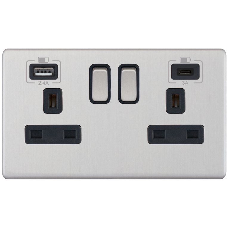 Selectric 5M-Plus Satin Chrome 2 Gang 13A Switched Socket with USB C ...