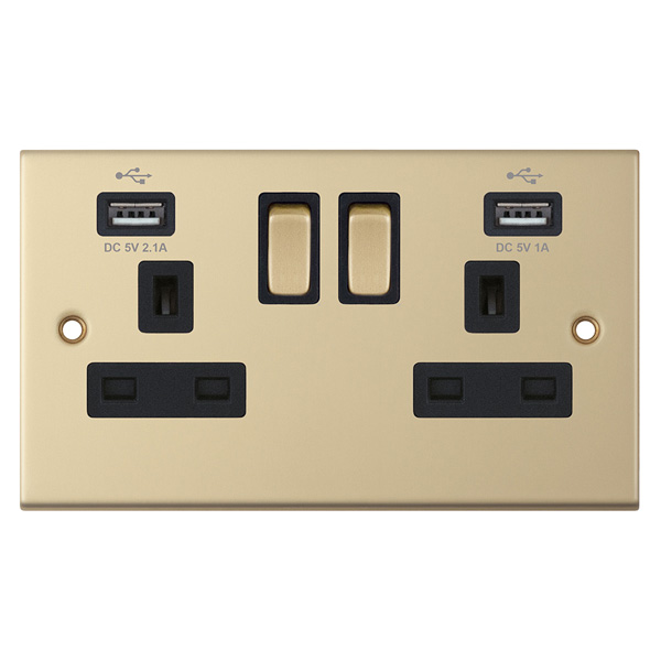 Selectric 5M Satin Brass 2 Gang 13A Switched Socket with USB Outlets ...