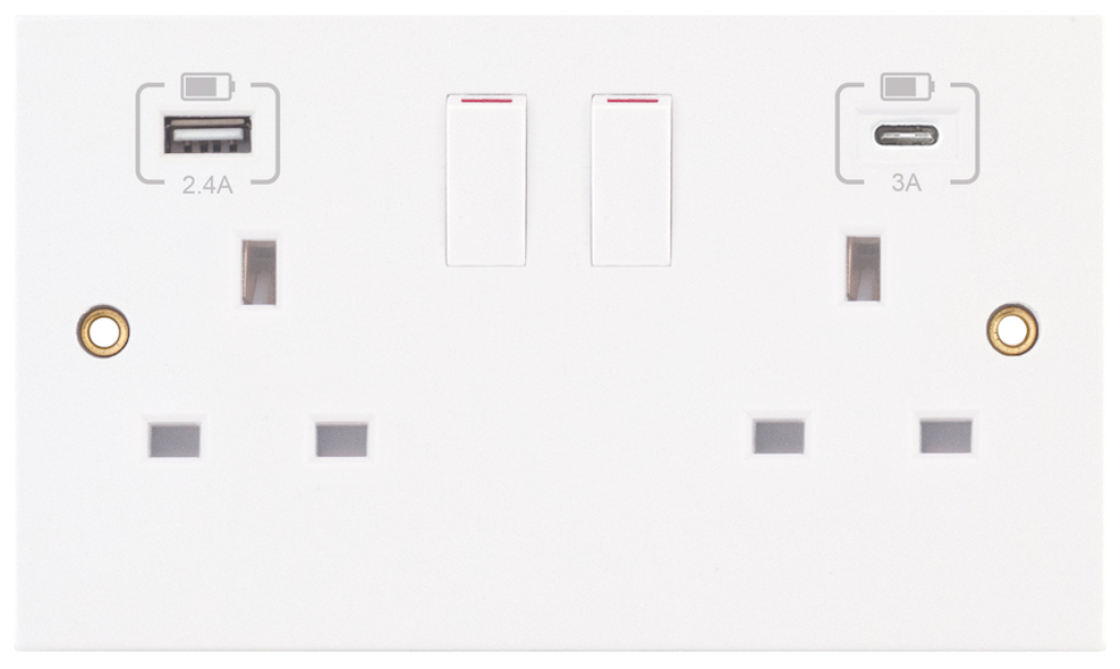 Selectric Square 2 Gang 13A Switched Socket with USB C and A Outlets | UKES