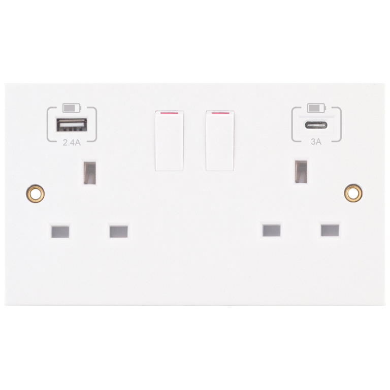 Selectric Square 2 Gang 13A Switched Socket with USB C and A Outlets | UKES