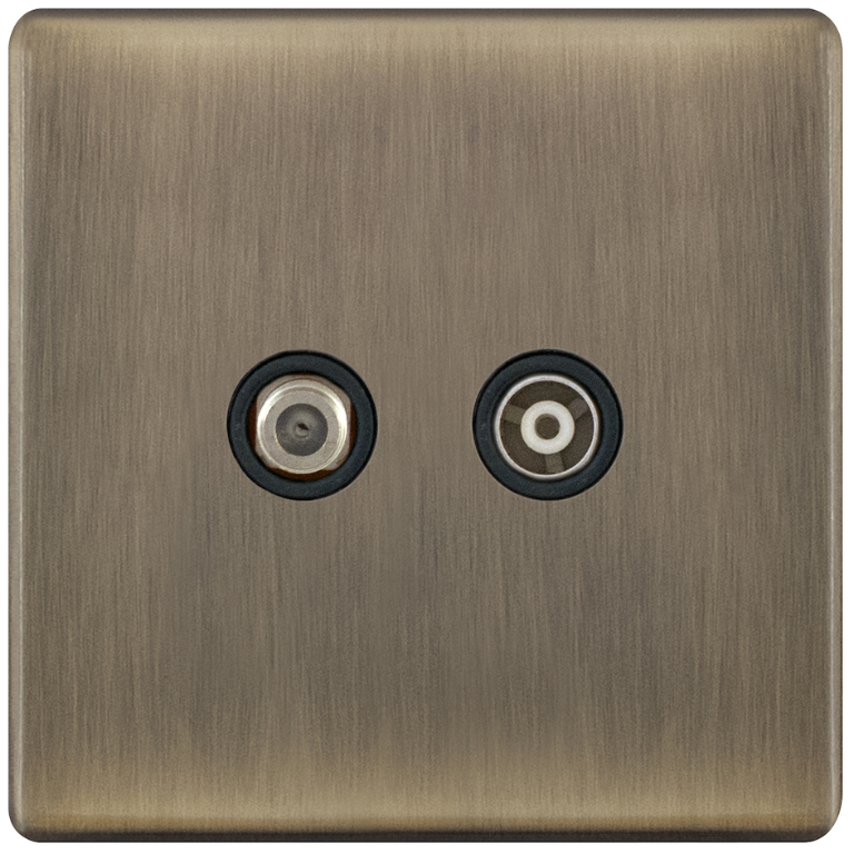 Selectric 5M-Plus Antique Brass 2 Gang Satellite and TV/FM Socket with Black Insert | UKES