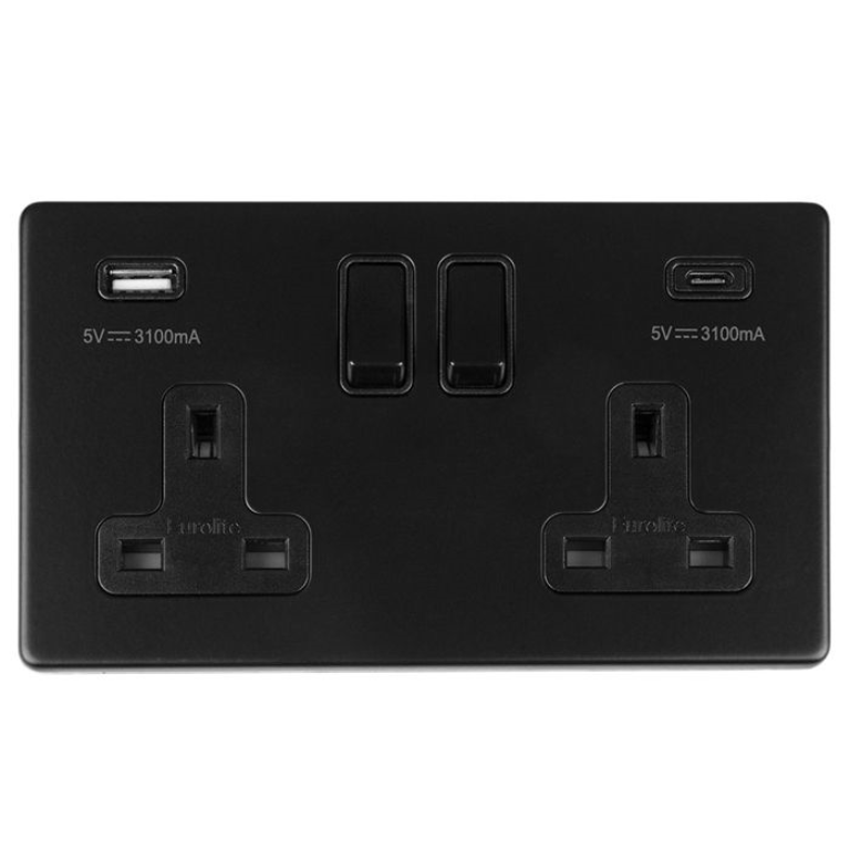 Eurolite Concealed 3mm Matt Black 2 Gang 13A Switched Socket with Type ...