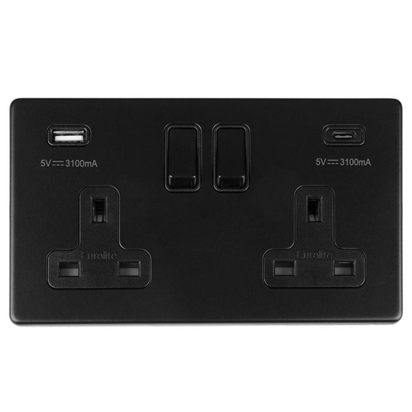 Eurolite Concealed 3mm Matt Black 2 Gang 13A Switched Socket with Type ...