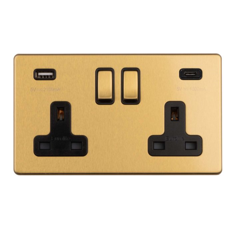 Eurolite Concealed 3mm Satin Brass 2 Gang 13A Switched Socket with Type A and Type C USB ...