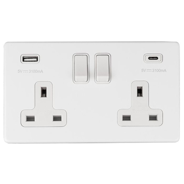 Eurolite Concealed 3mm Matt White 2 Gang 13A Switched Socket with Type ...