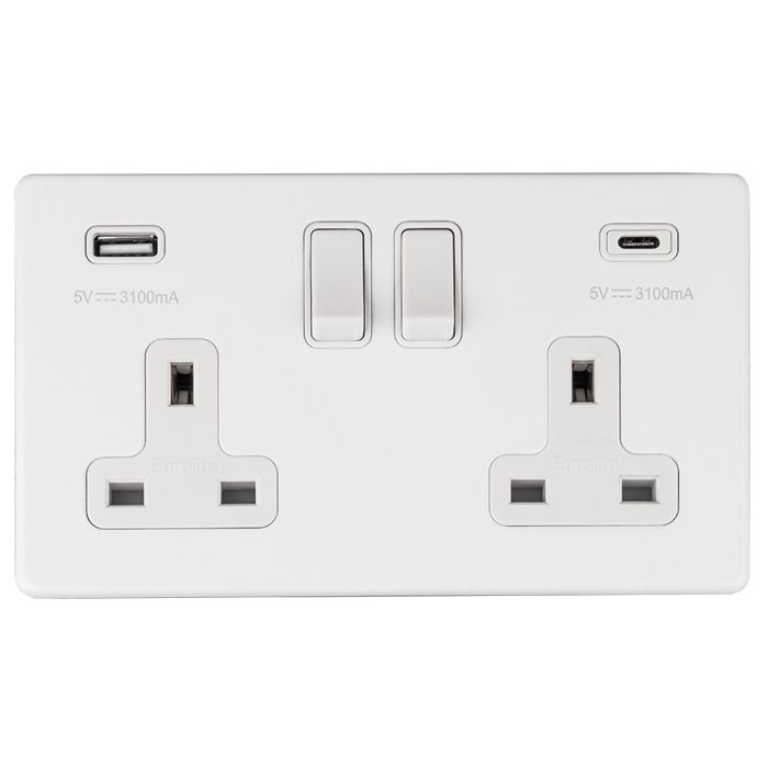 Eurolite Concealed 3mm Matt White 2 Gang 13A Switched Socket with Type ...