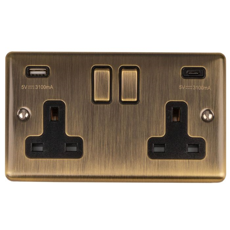 Eurolite Enhance Antique Brass 2 Gang 13A Switched Socket with Type A ...