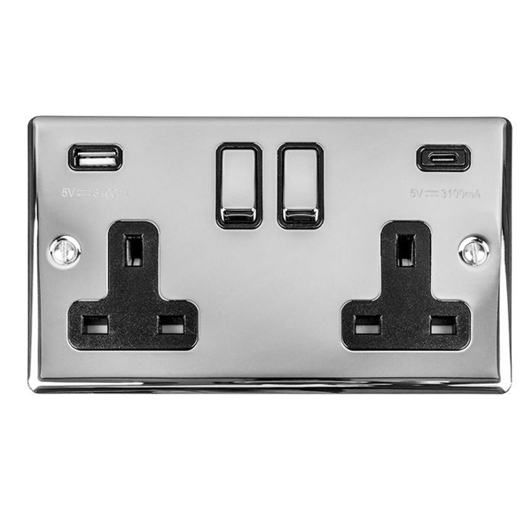 Eurolite 2 Gang 13A Socket, A & C USB Chargers (EN2USBCPCB) | UKES
