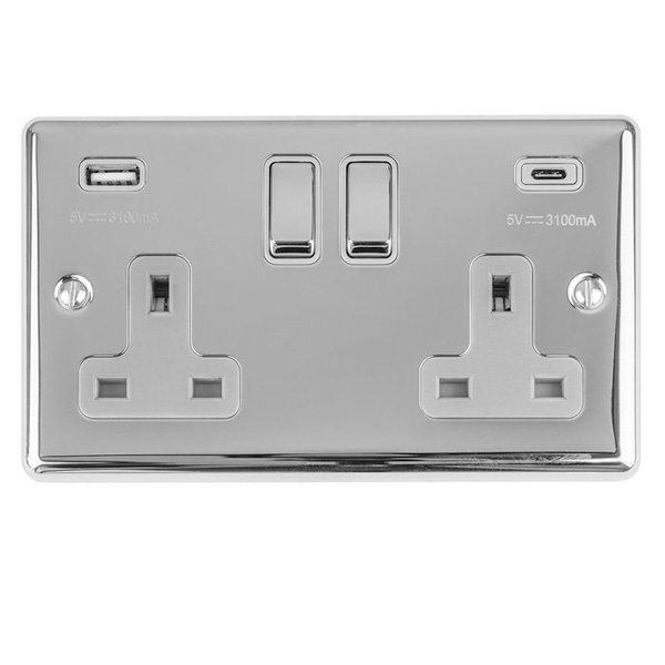 Eurolite Enhance Polished Chrome 2 Gang 13A Switched Socket with USB ...