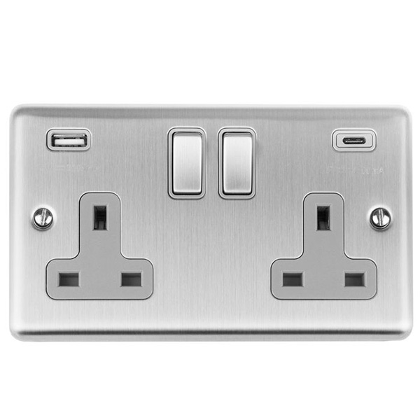 Eurolite Enhance Satin Stainless Steel 2 Gang 13A Switched Socket with ...