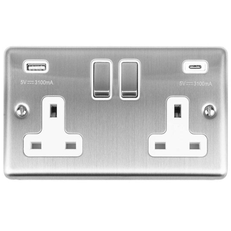 Eurolite Enhance Satin Stainless Steel 2 Gang 13A Switched Socket with ...